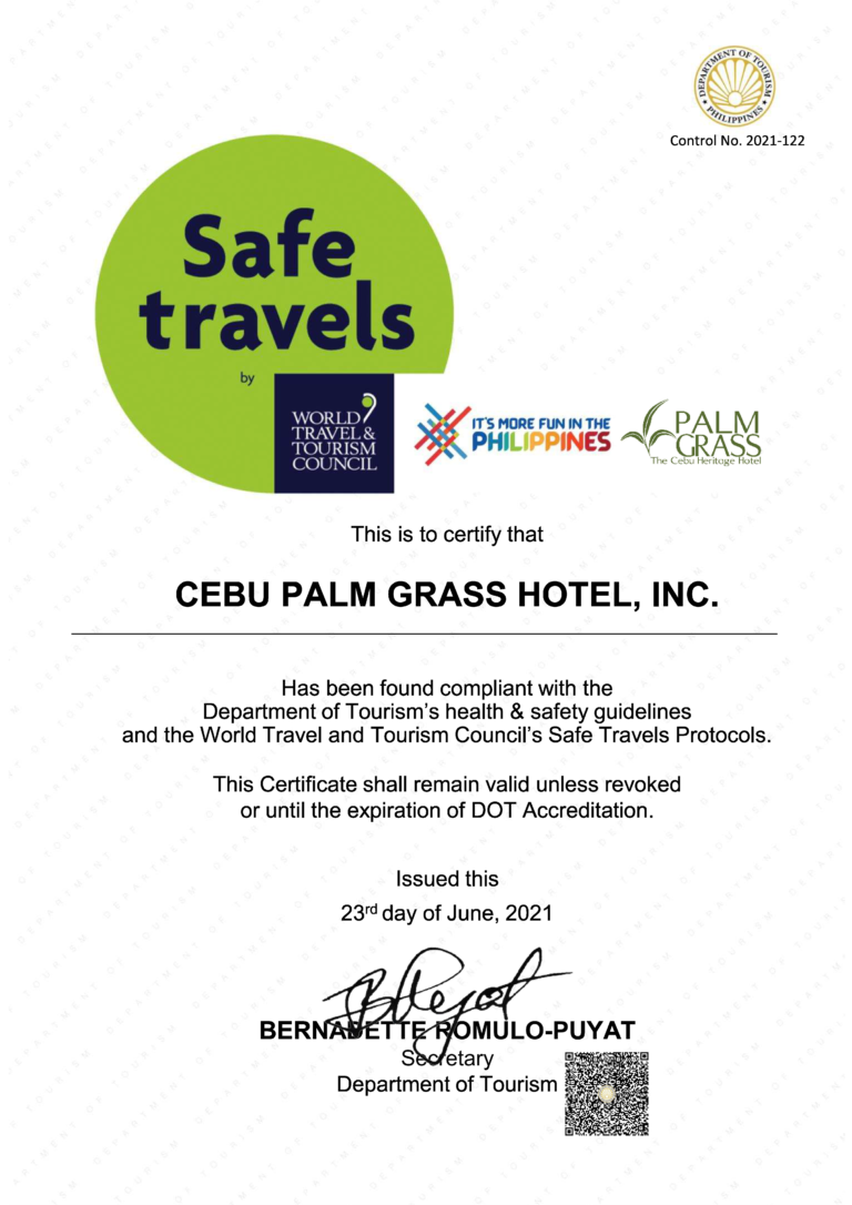Safe Travel Stamp and Safety Seal | Palm Grass The Cebu Heritage Hotel